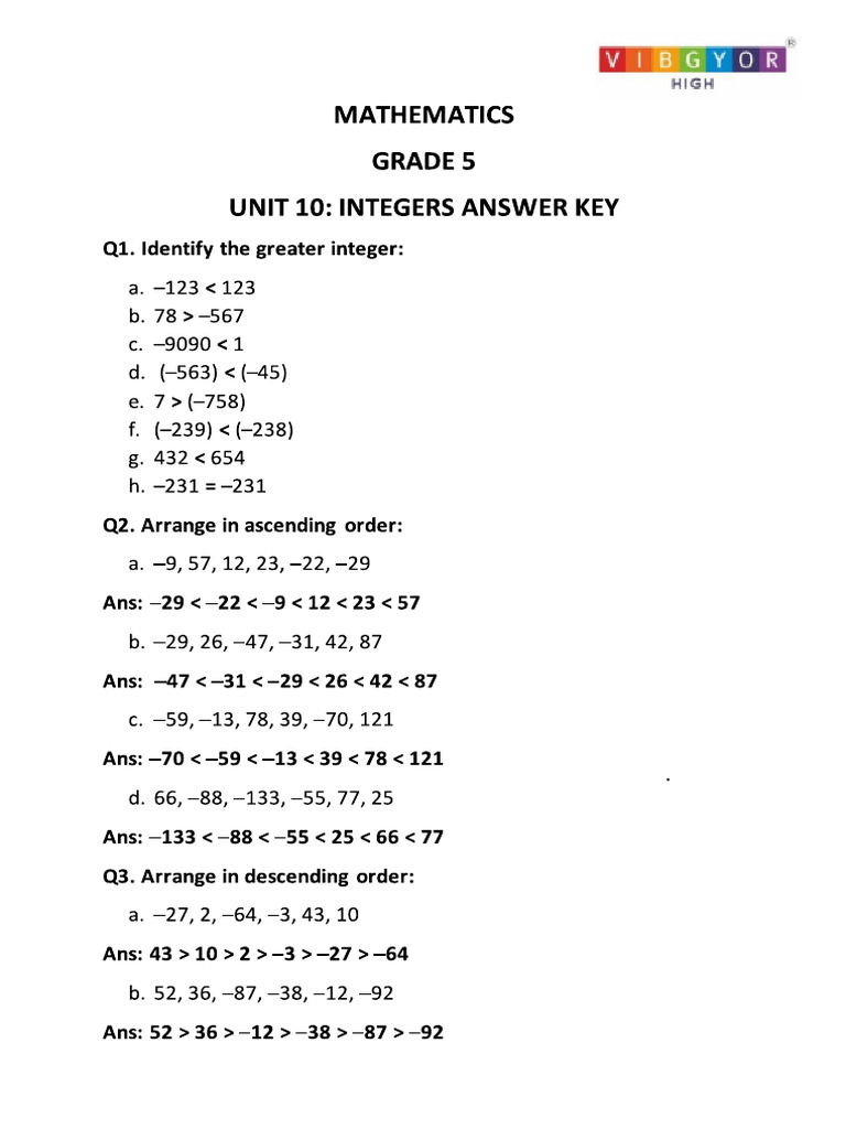 Integers Worksheet Answer Key | PDF