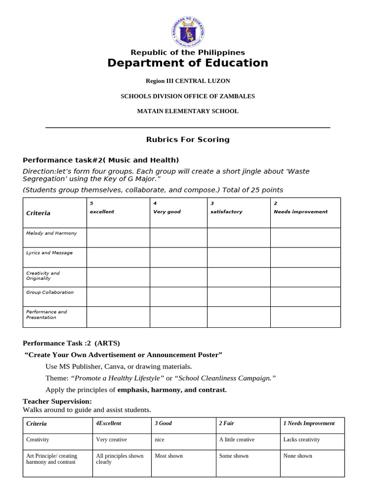Performance Task Rubrics for Music & Arts | PDF