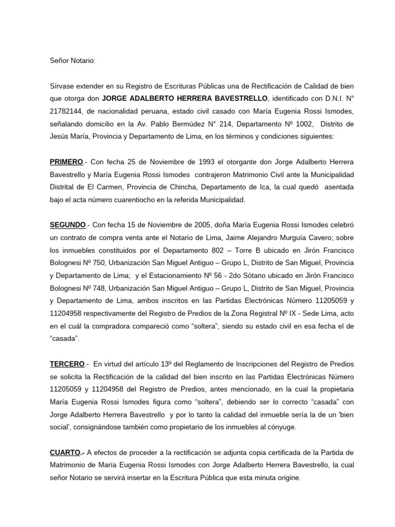 Rectificacion de Calidad de Bien Propio (2) | PDF | Derecho Civil ...