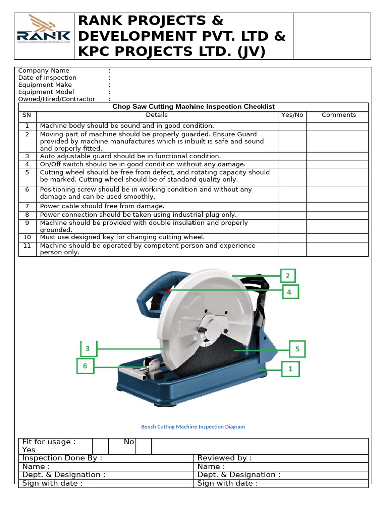 Chopsaw Cutting Machine Inspection Checklist 1 | PDF