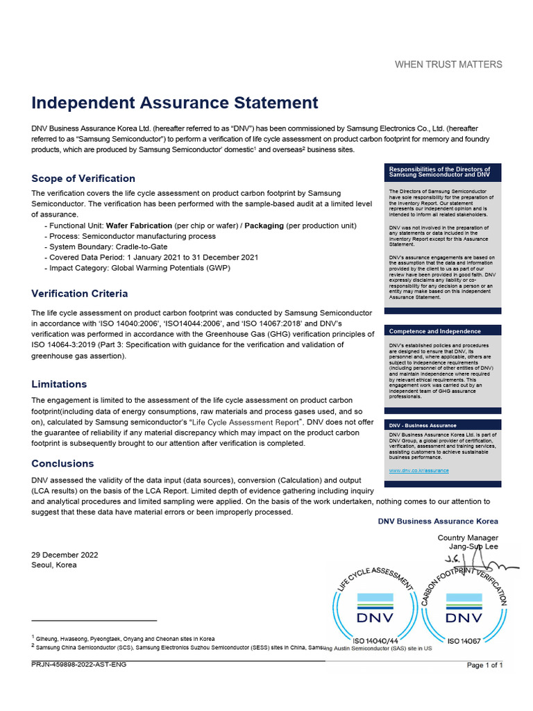 Samsung Independent Assurance Statement Eng | PDF | Life Cycle Assessment