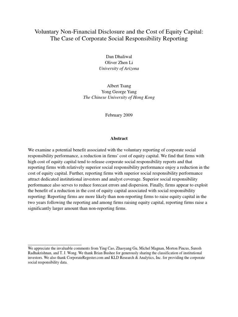 Voluntary Non Financial Disclosure And The Cost Of Equity Capital The