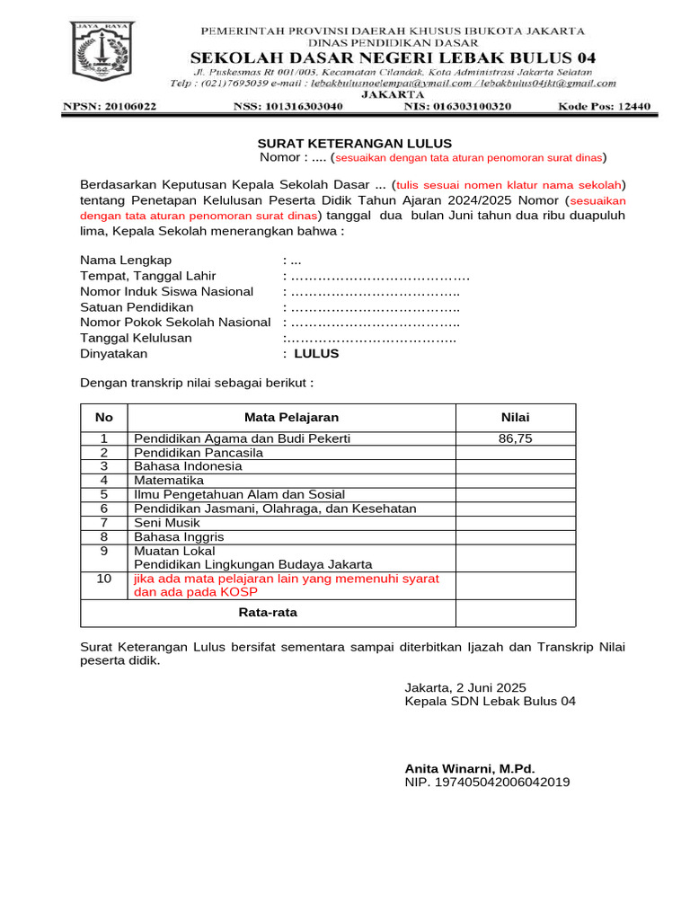 Surat Keterangan Lulus SD 2025 | PDF