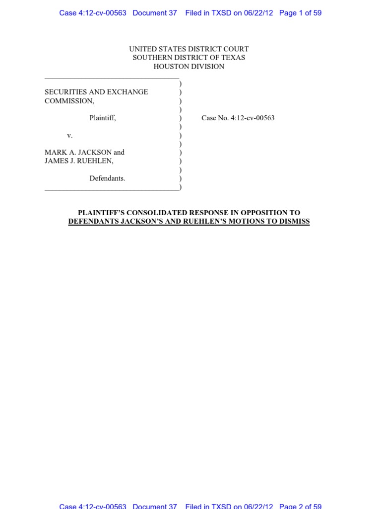 SEC v. Jackson and Ruehlen (Opposition Brief To Motion To Dismiss) | PDF | Pleading | Complaint