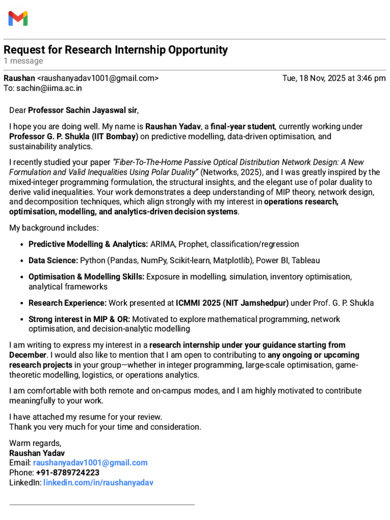 Research Internship Request by Raushan Yadav | PDF