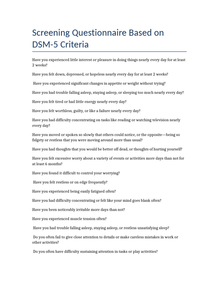 DSM-5 Depression and Anxiety Screening | PDF | Mental Health | Mood ...