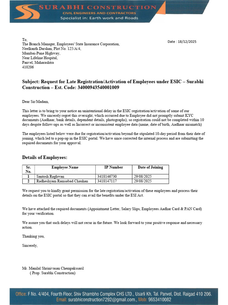 Request for Late ESIC Registration | PDF