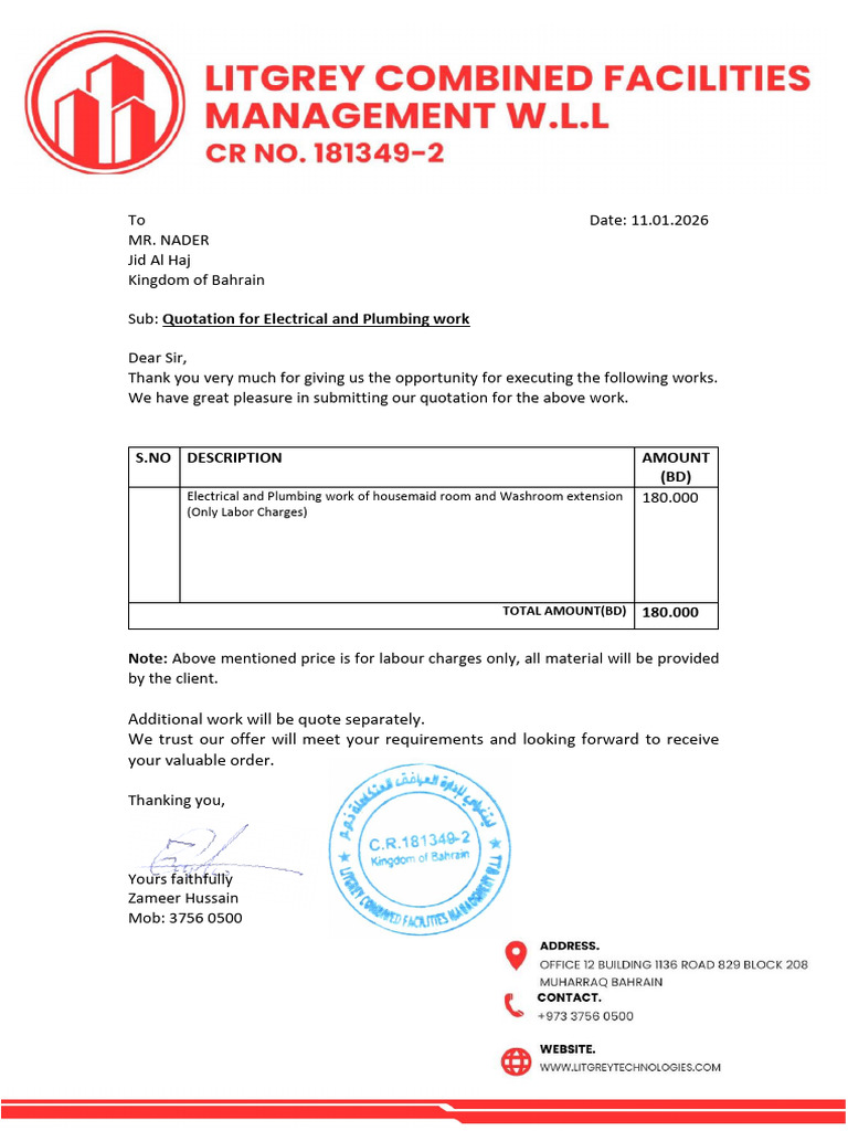 Quotation for Electrical & Plumbing Work | PDF
