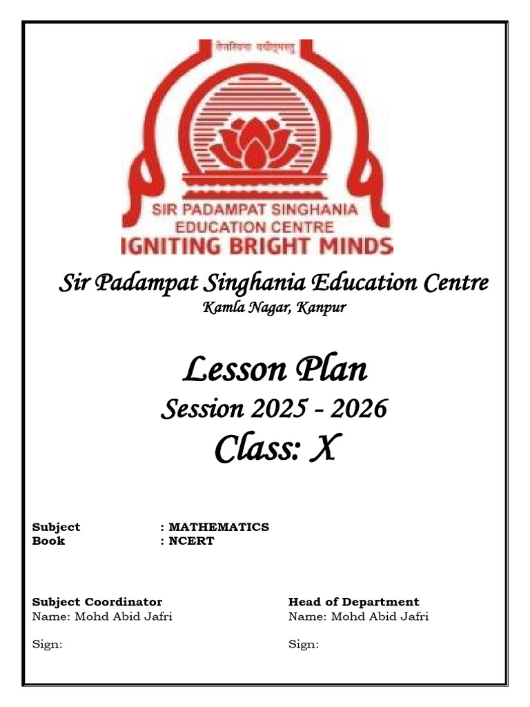 Class X Mathematics Lesson Plan 2025-26 | PDF | Algebra | Equations