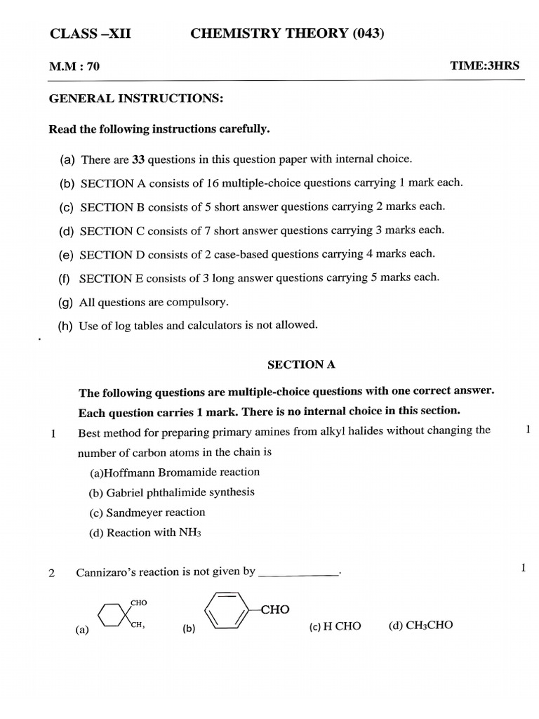 Xii Chemistry Practice Question Paper | PDF