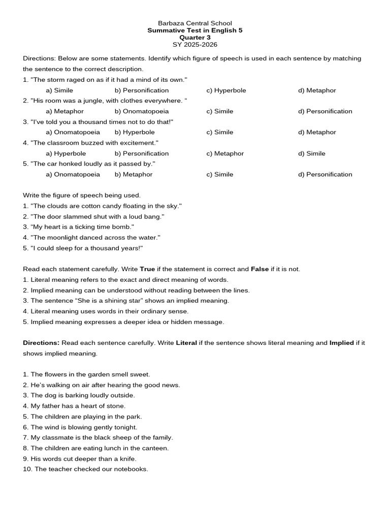 Summative Test in English 5 Q3 SY 2025-2026 | PDF