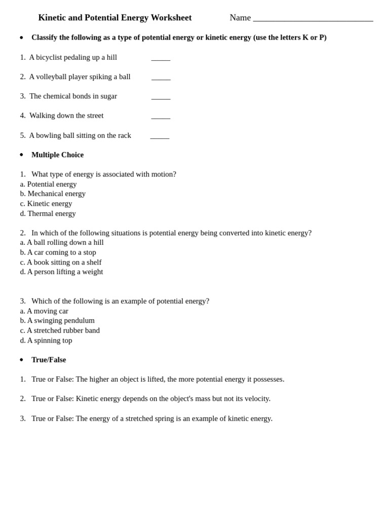 Kinetic and Potential Energy Worksheet Key Gr.8-Ayman Rezk | PDF