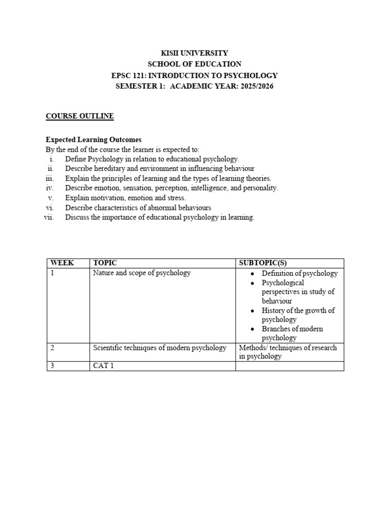 EPSC 121 Introduction To Psychology Course Outline | PDF | Psychology ...