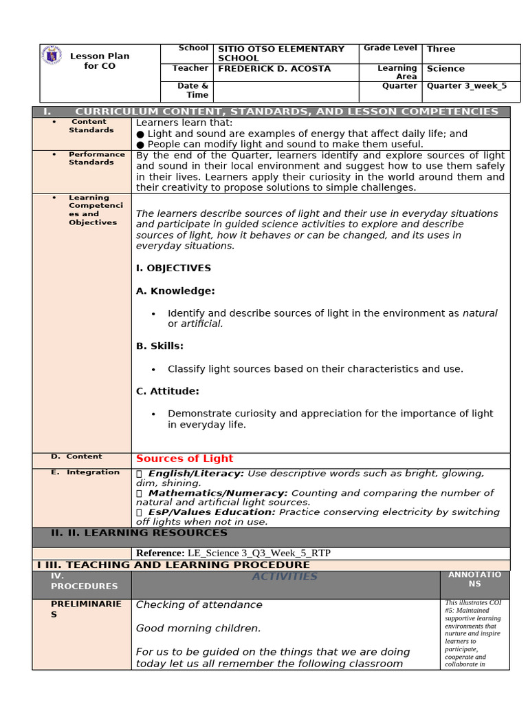 Grade 3 Science Lesson on Light Sources | PDF | Learning | Cognition
