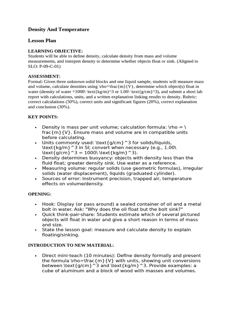 Density and Buoyancy Lesson Plan | PDF | Density | Plasma (Physics)