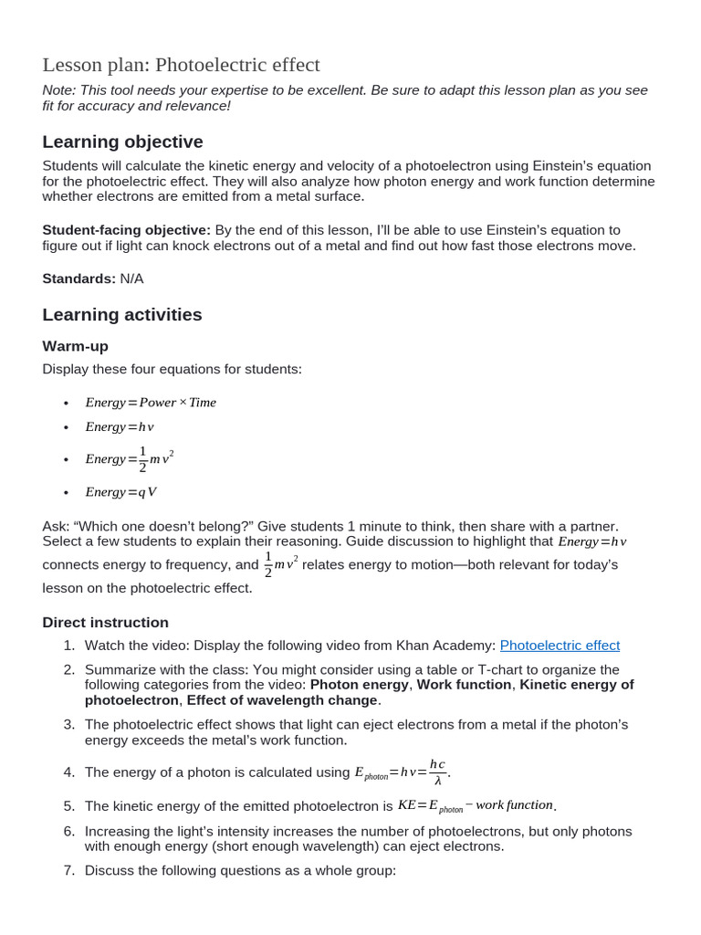 Photoelectric Effect Lesson Plan | PDF | Photoelectric Effect | Photon