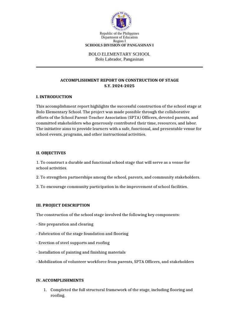 Bolo Elementary School Stage Report | PDF