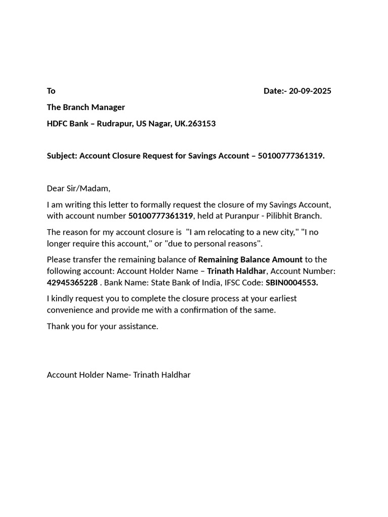 Savings Account Closure Request Letter | PDF