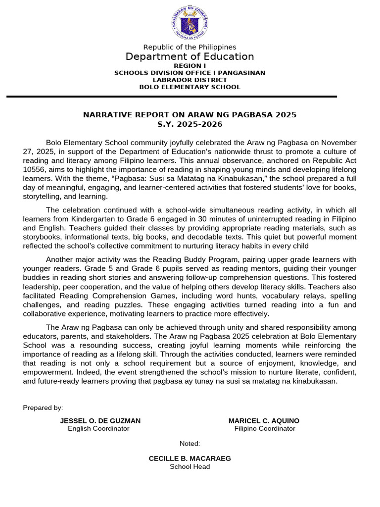 Araw ng Pagbasa 2025 Celebration Report | PDF | Literacy | Reading ...