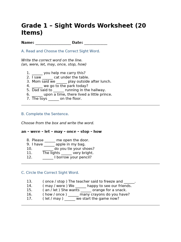 Grade 1 Sight Words Worksheet | PDF