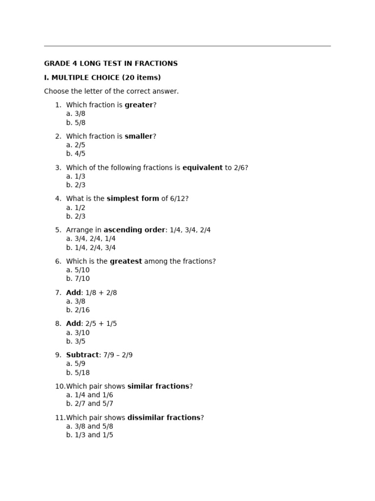 Grade 4 Fraction Test Questions | PDF | Arithmetic | Chess