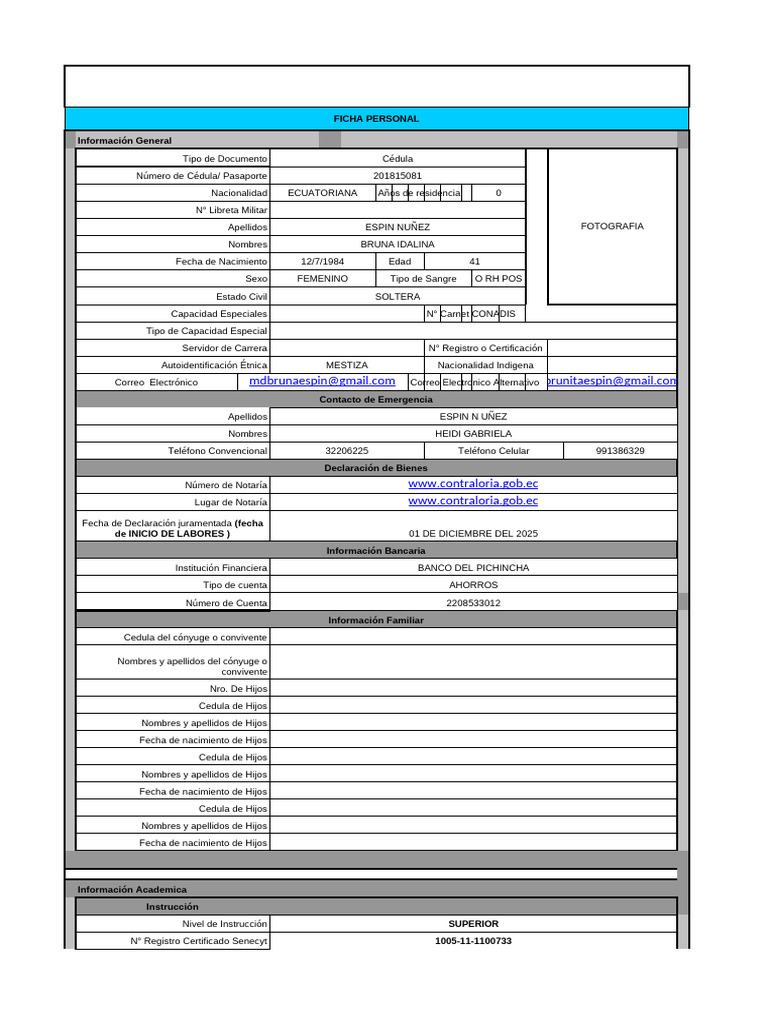 Ficha Personal Siith - 2022 | PDF | Ecuador