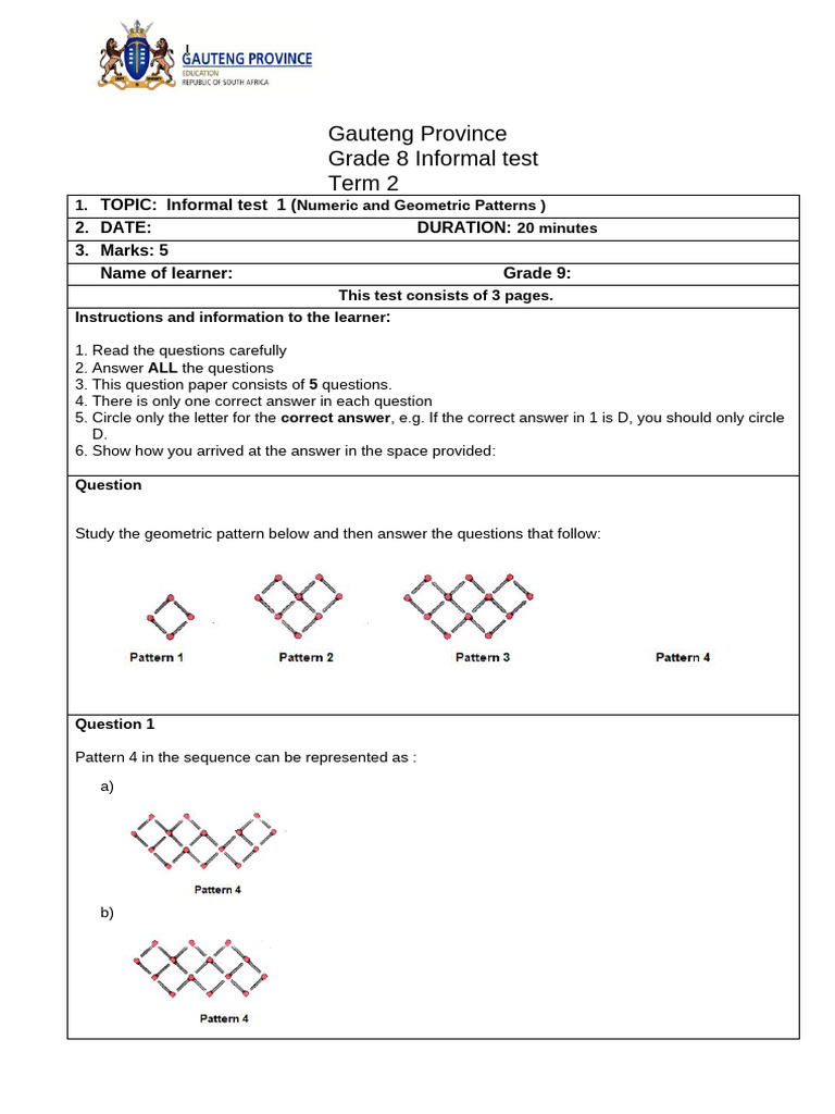 Gauteng Grade 8 Patterns Test Guide | PDF