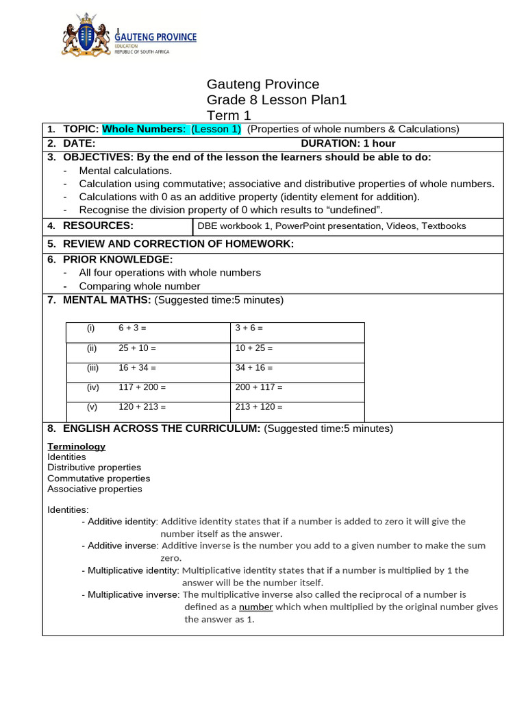 Grade 8 Whole Numbers Lesson Plan | PDF | Ratio | Multiplication