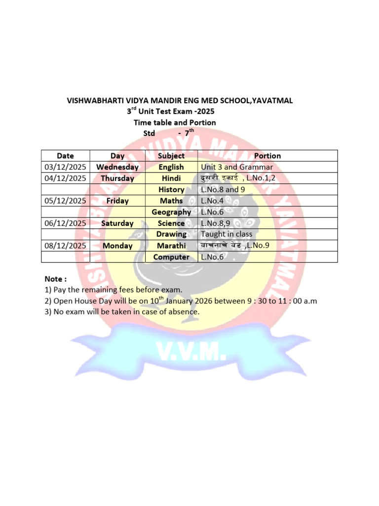 Class-7th 3rd Unit Test Timetable 2025 | PDF
