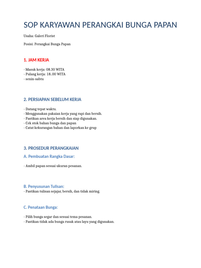 SOP Perangkai Bunga Papan Galeri Florist | PDF