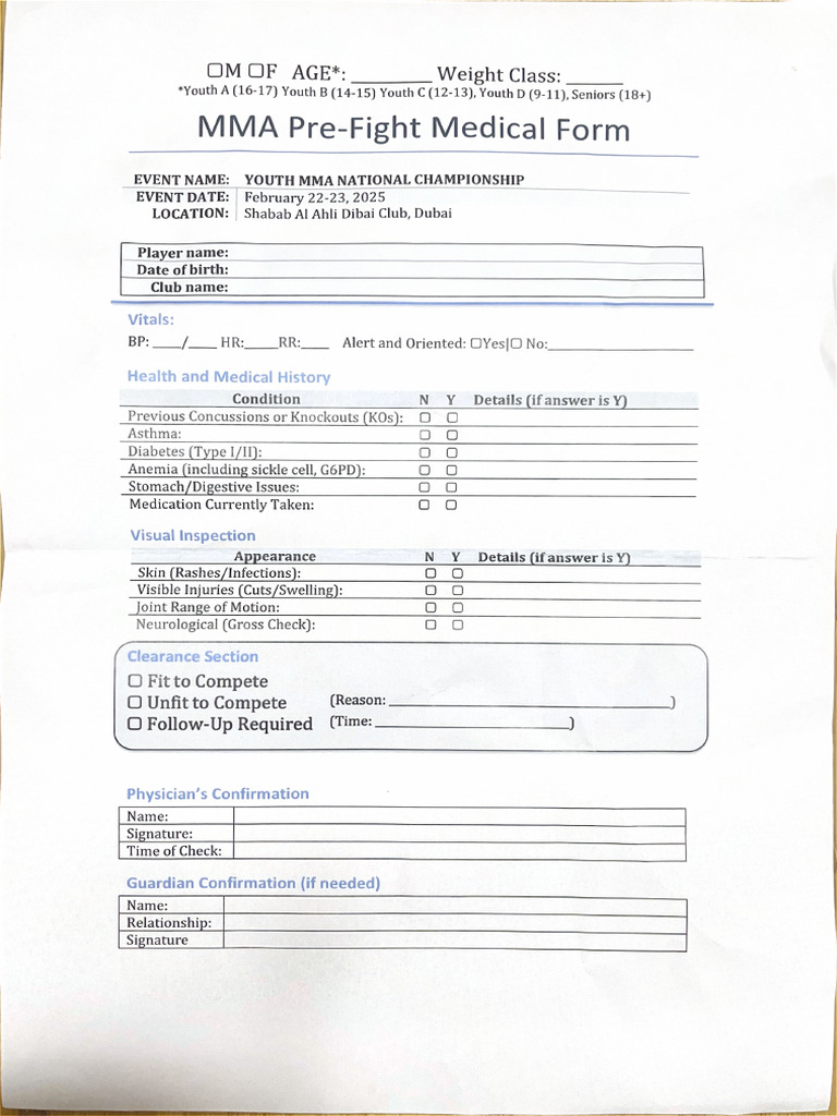 MMA Pre-Fight Medical Form | PDF