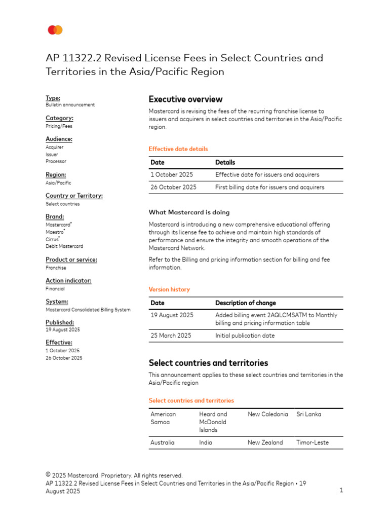 Mastercard License Fee Update APAC | PDF | Master Card | Micronesia