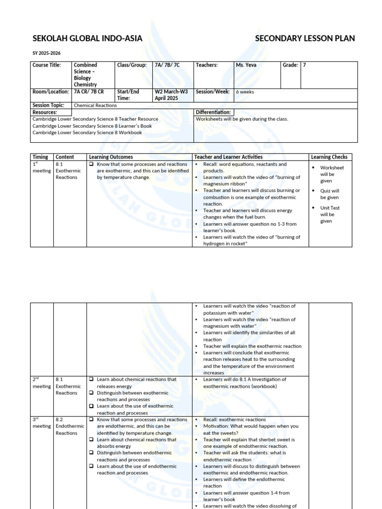 Lesson Plan Unit 8. Chemical Reactions | PDF | Chemical Reactions | Rust