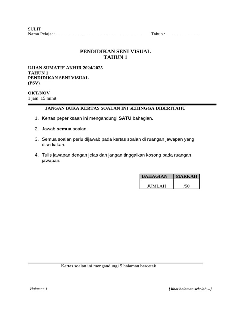 Uasa PSV Tahun 1 | PDF