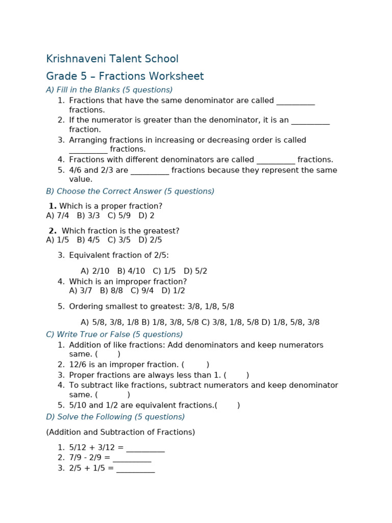 Grade 5 Fractions Worksheet Activities | PDF