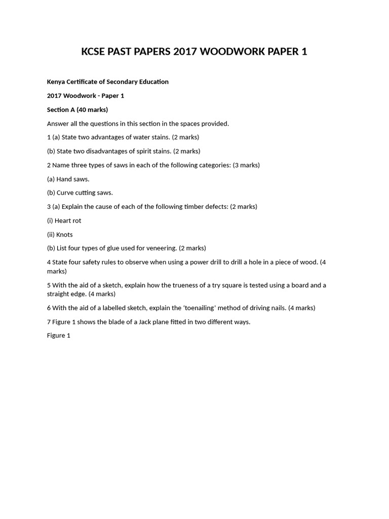 Kcse Past Papers 2017 Woodwork Paper 1 | PDF | Woodworking