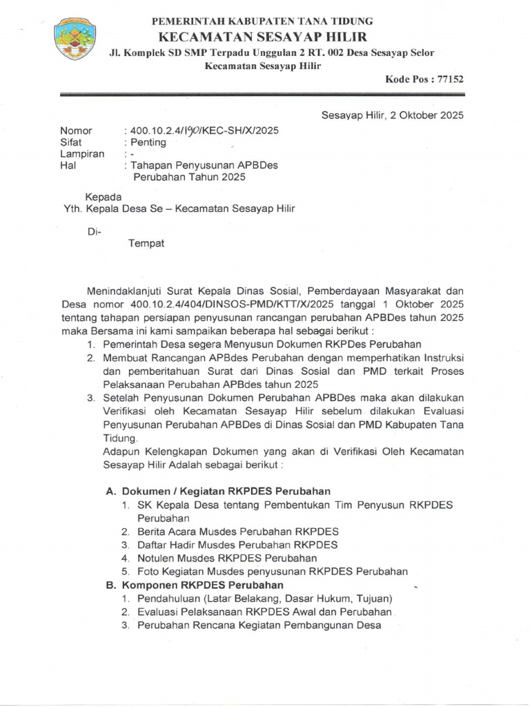 Surat Tahapan Penyusunan Apbdes Perubahan 2025 | PDF
