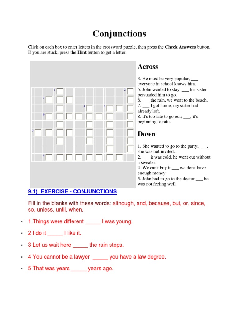 Conjunctions Crossword Puzzle Exercise | PDF