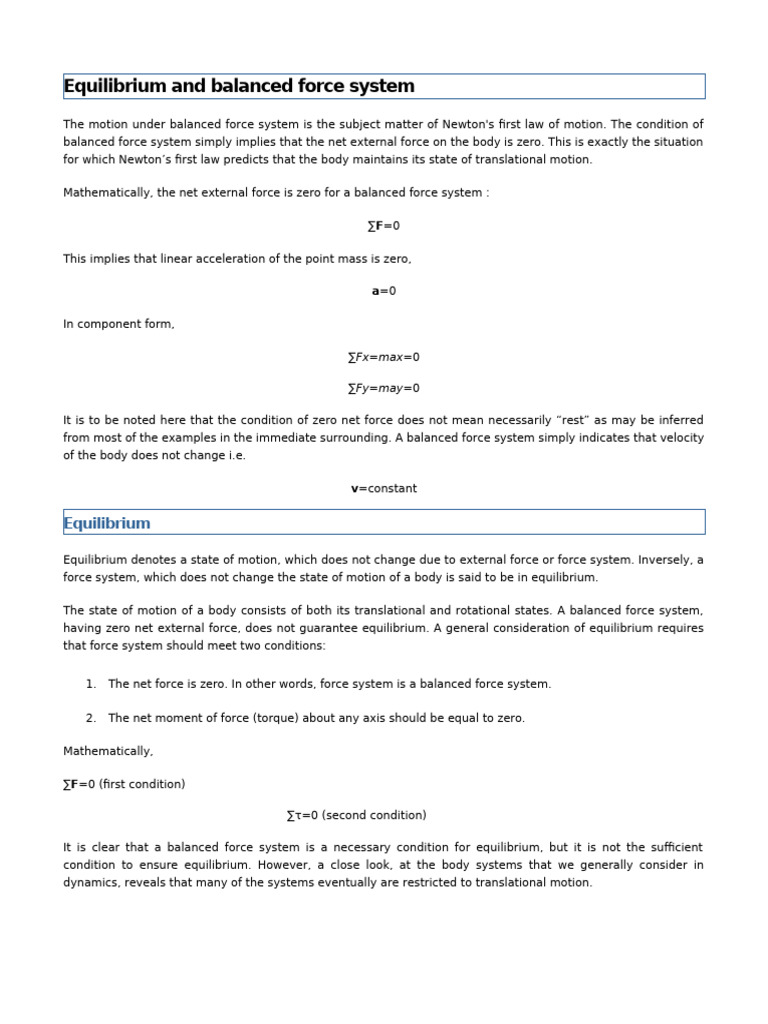 Balanced Force Systems and Equilibrium | PDF | Force | Torque