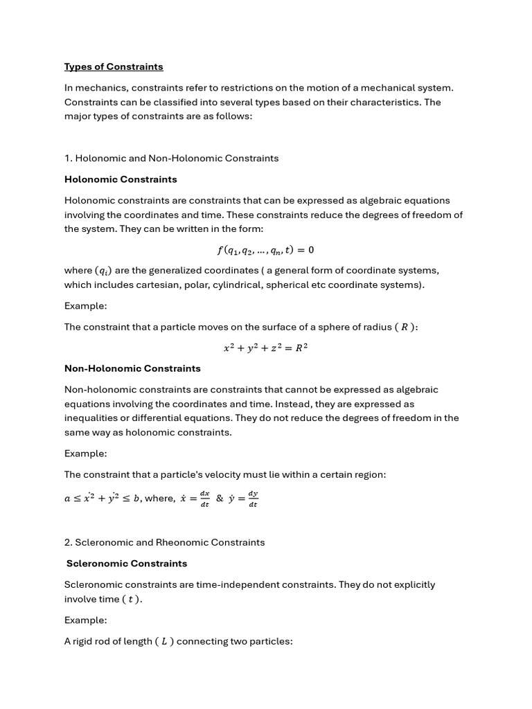 Types of Mechanical Constraints Explained | PDF | Classical Mechanics ...