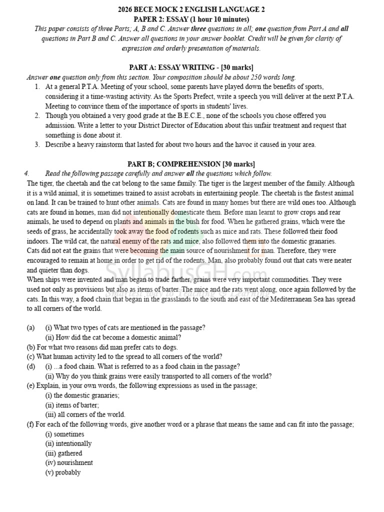 2026 BECE Mock English Language Exam | PDF | Oliver Twist | Cats