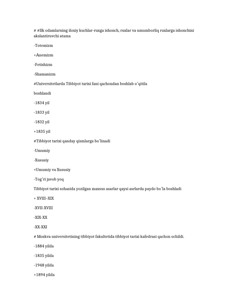 Tibbiyot Tarixi Testi Tuzatilgan Formatda | PDF