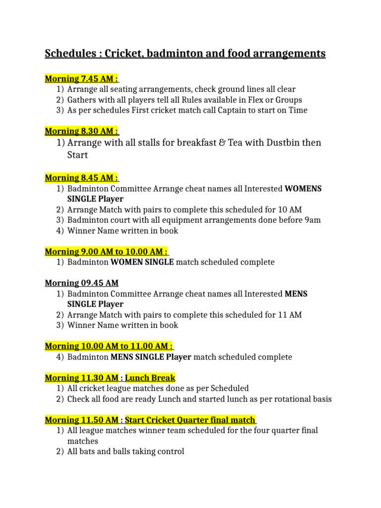 Cricket and Badminton Event Schedule | PDF | Ball And Bat Games ...