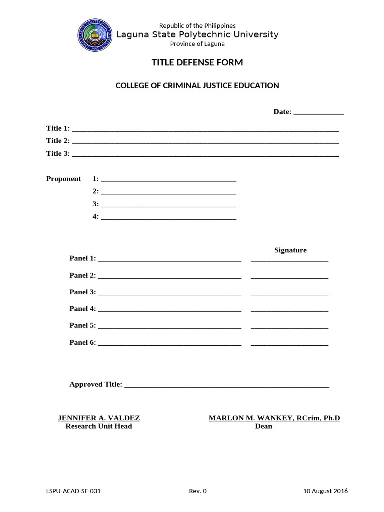Title Defense Form for Criminal Justice | PDF