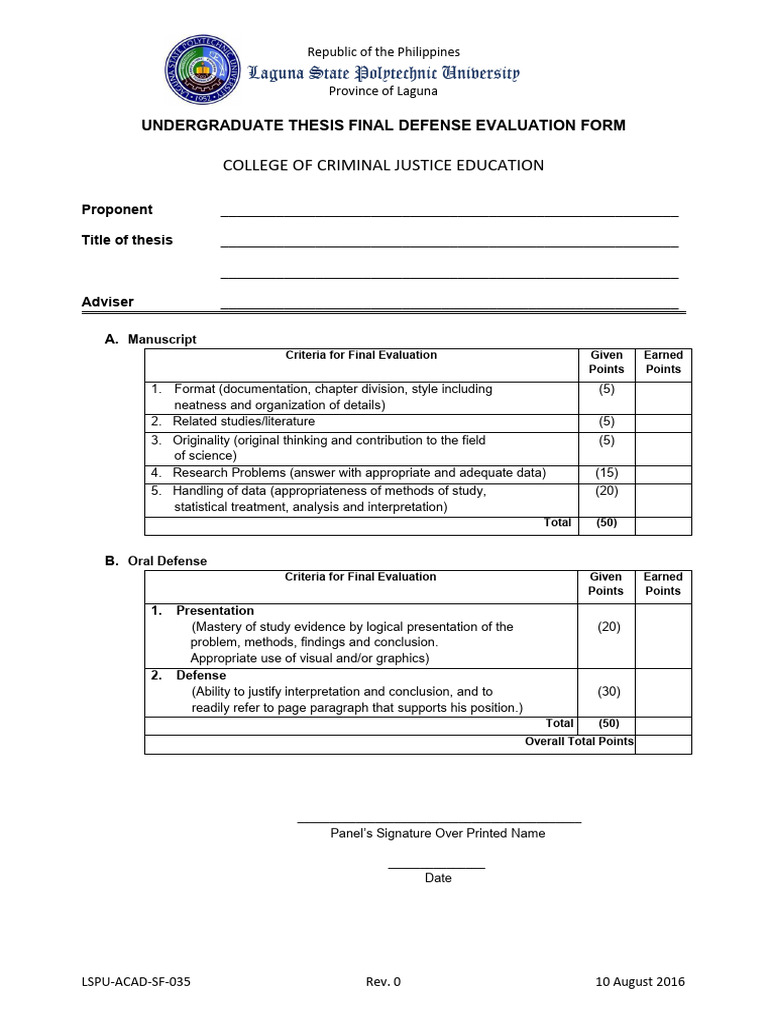 Thesis Defense Evaluation Form | PDF | Thesis
