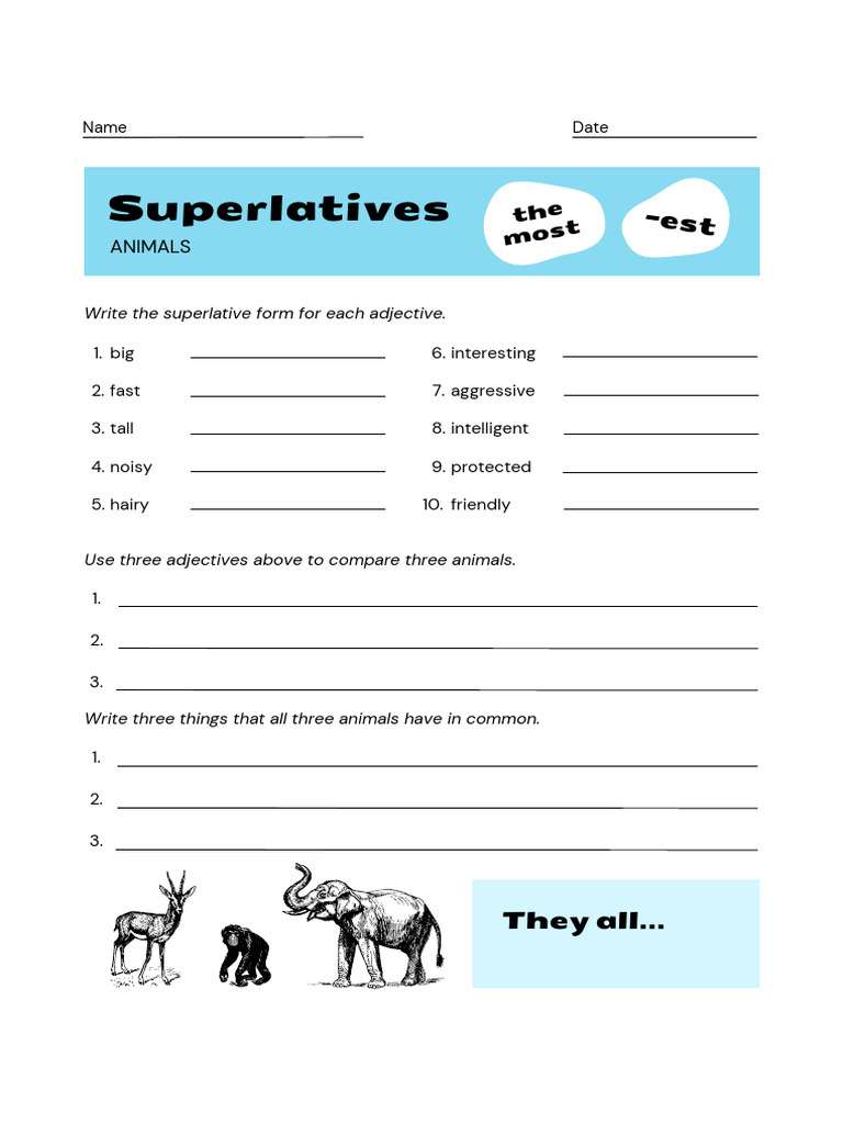 Colorful Superlative Adjectives Grammar Worksheets in Green and Yellow ...