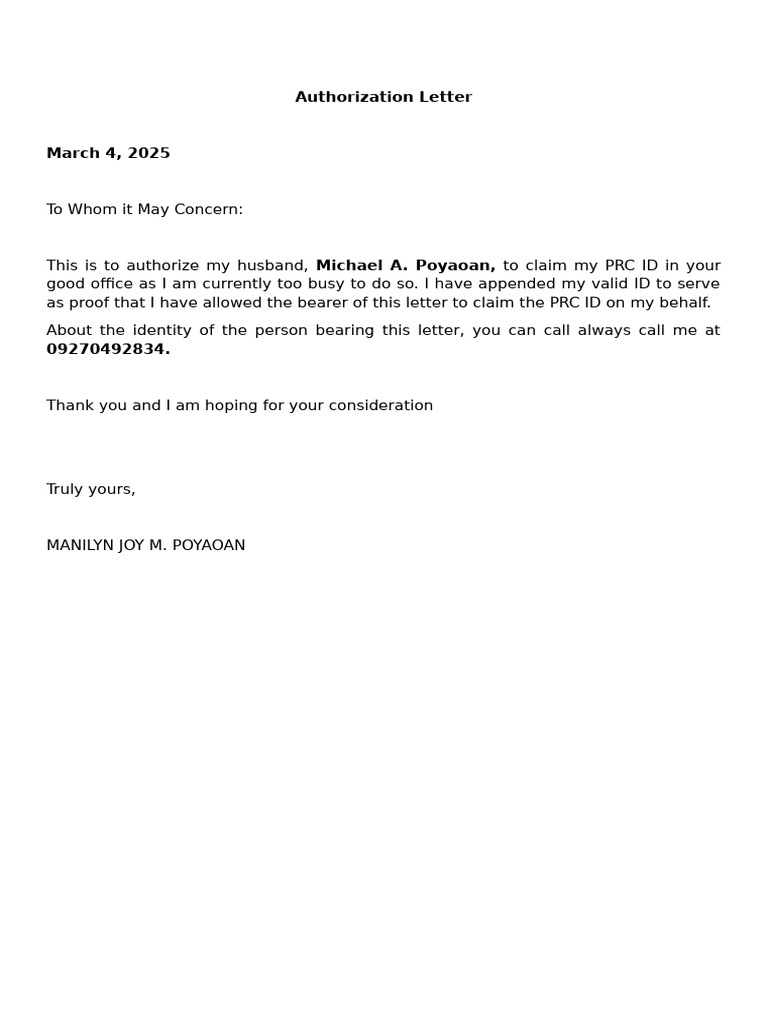 PRC ID Authorization Letter Template | PDF