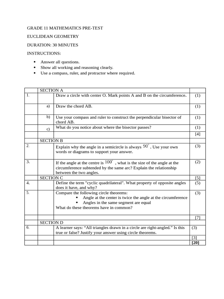Grade 11 Euclidean Geometry Pre-Test | PDF | Circle | Perpendicular