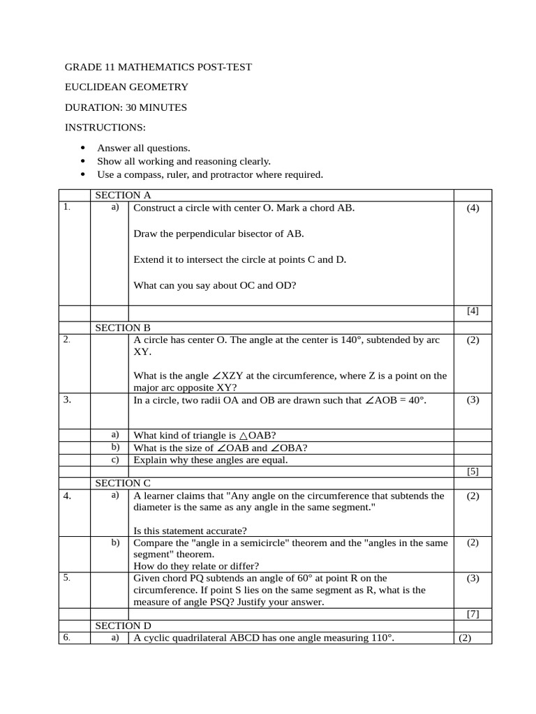Grade 11 Euclidean Geometry Test | PDF | Circle | Angle