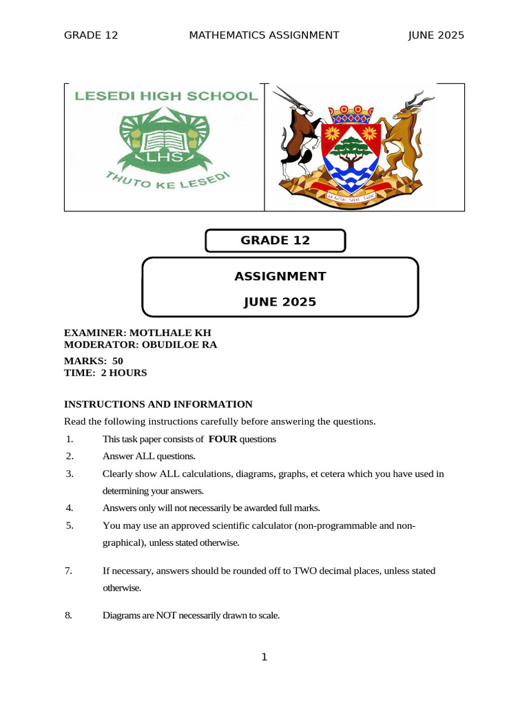 Grade 12 June 2025 Math Assignment | PDF | Circle | Cartesian ...